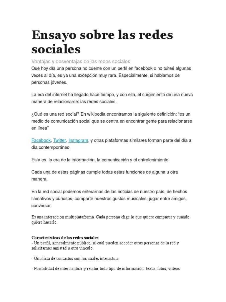Ensayo Sobre Las Redes Sociales | PDF | Servicio de redes sociales ...