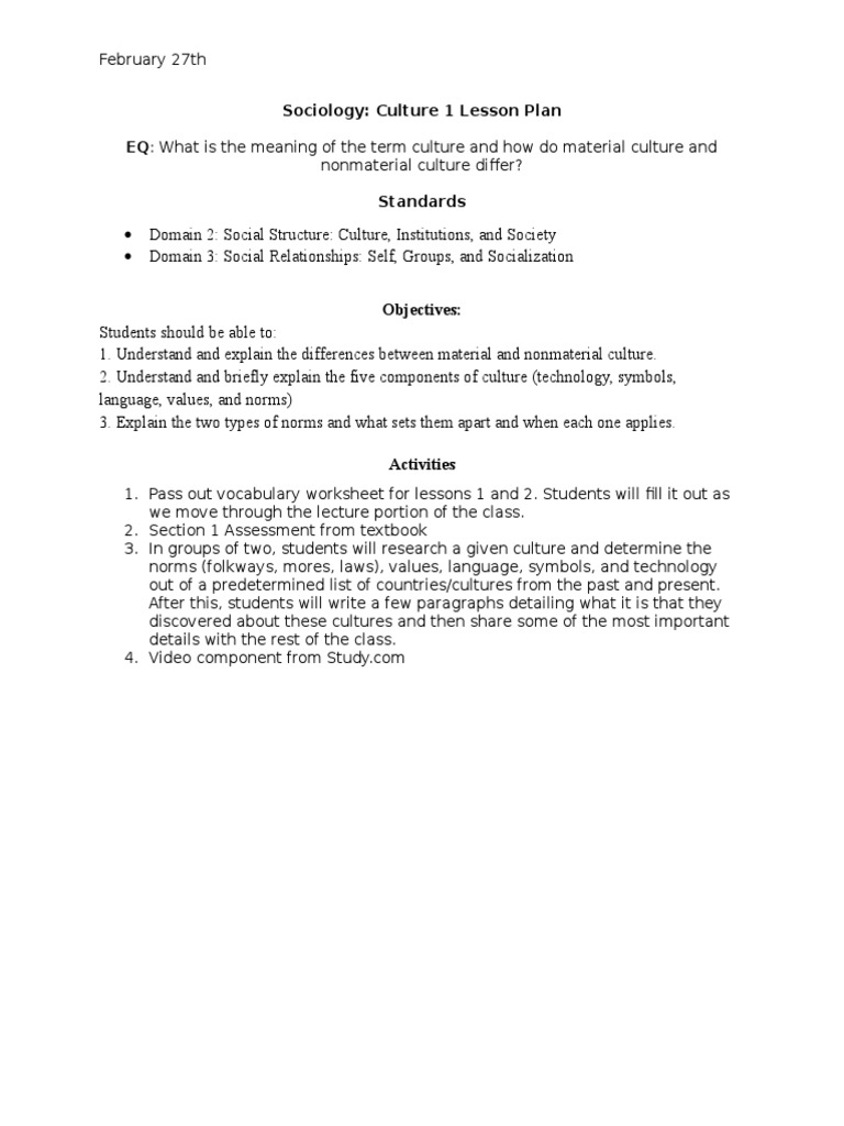 Culture 1 Lesson Plan | PDF | Norm (Social) | Lesson Plan
