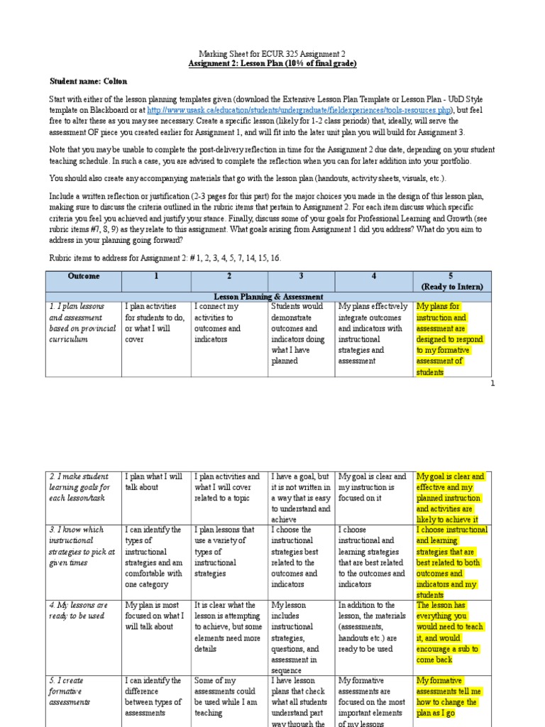 marking sheet for assignment 2 - lesson plan 3 1 | Educational ...