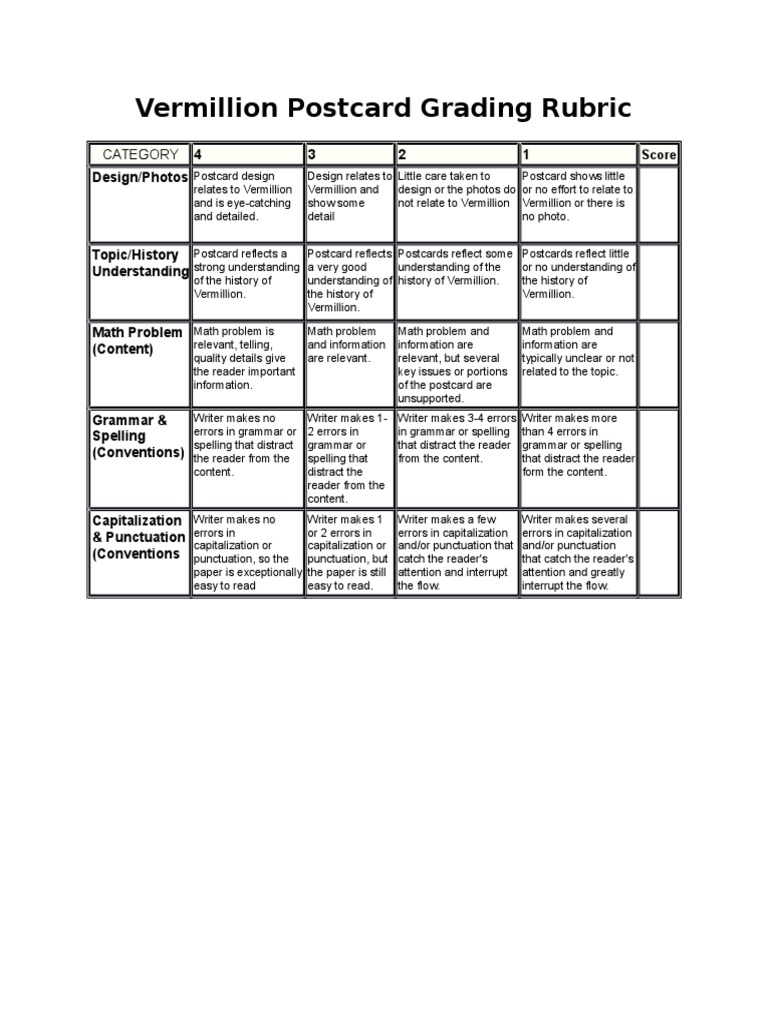 Vermillion Postcard Grading Rubric | PDF | Cognitive Science ...