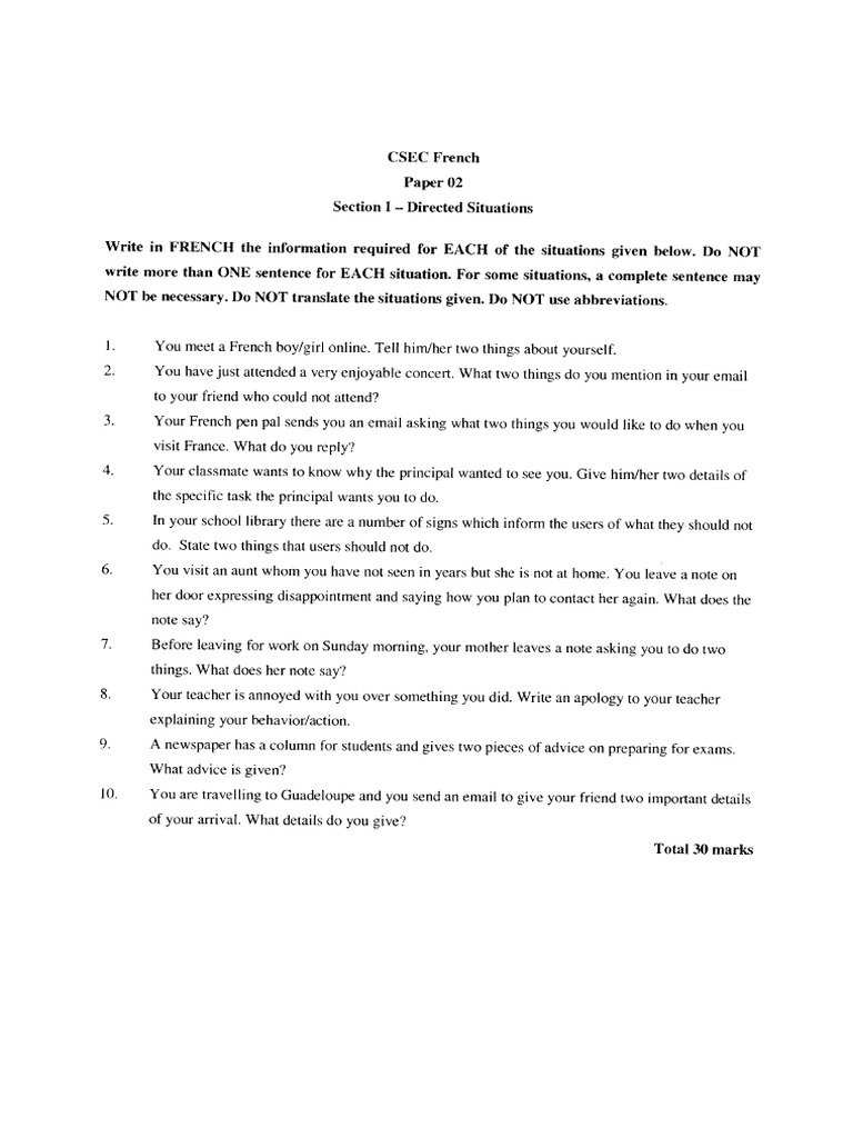 CSEC French Paper 02: Directed Situations | PDF | Verb | Grammatical Tense