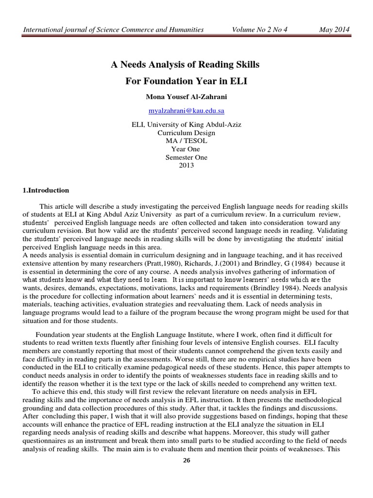Reading Skills Needs Analysis in ELI | PDF | Survey Methodology ...