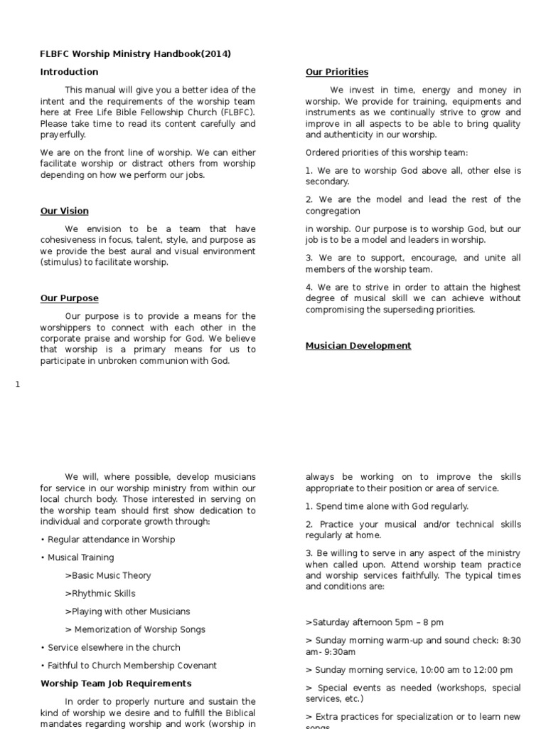 Attachment - 1445378066831 - FLBFC Worship Ministry Handbook (2014) | PDF