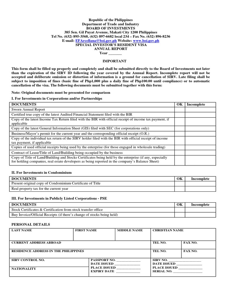 SIRV Annual Report Form | Investing | Travel Visa