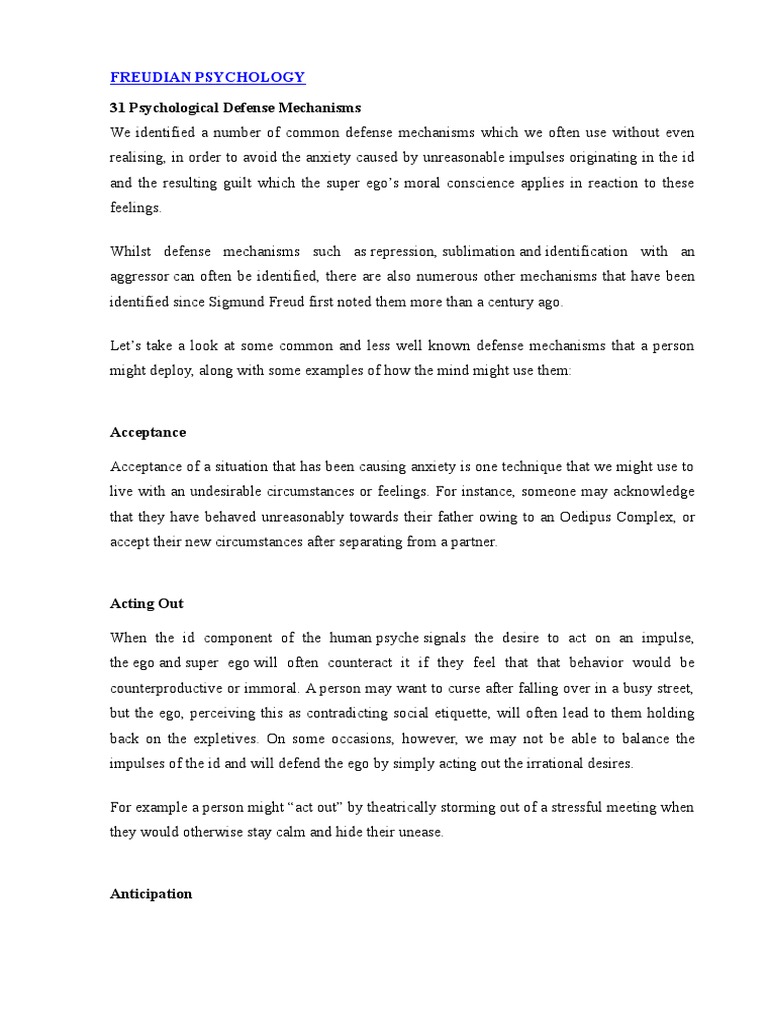 31 Defense Mechanism - Freudian Psychology | PDF