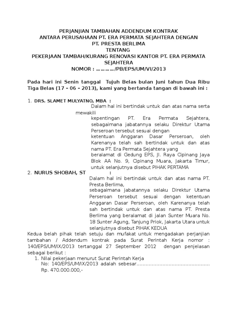 Perjanjian Tambahan Addendum Kontrak | PDF
