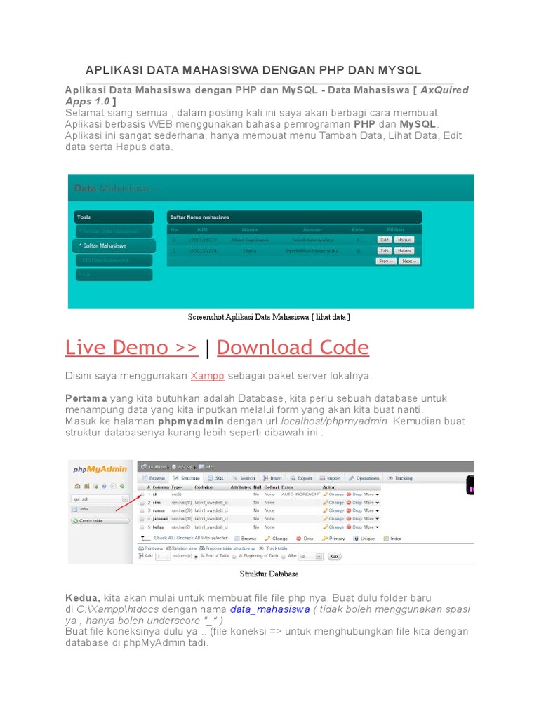 Aplikasi Data Mahasiswa Dengan PHP Dan Mysql | PDF