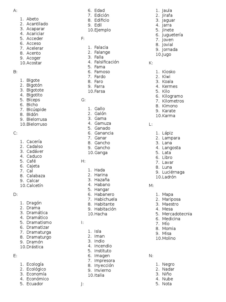 Palabras por cada letra del abecedario | PDF | Naturaleza