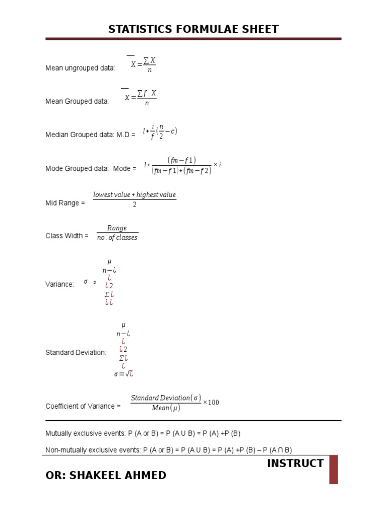 Stats Formula Sheet | PDF | Variance | Mode (Statistics)