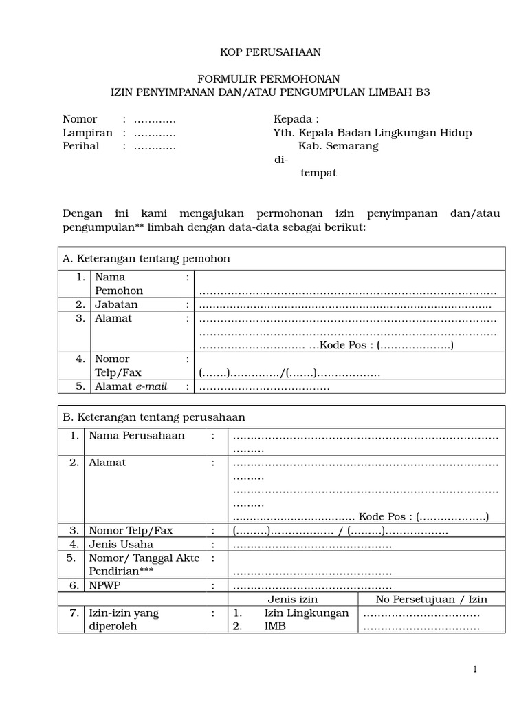 Form Permohonan Izin Limbah b3 | PDF