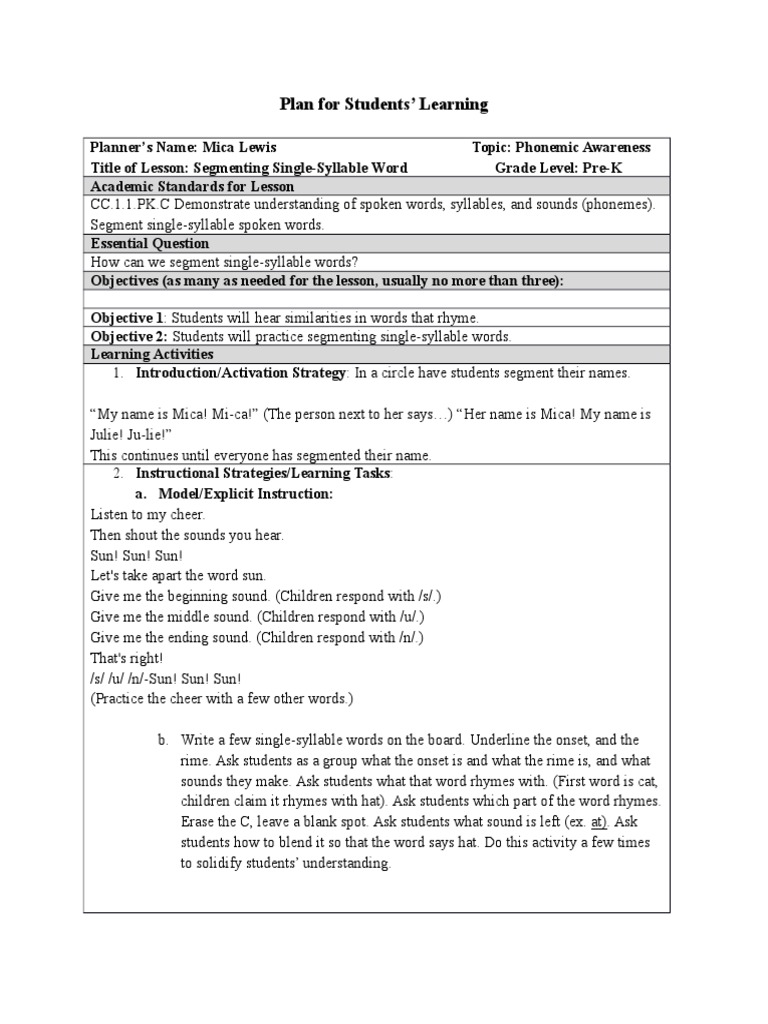 Lesson Plan For Phonemic Awareness | PDF | Syllable | Teaching