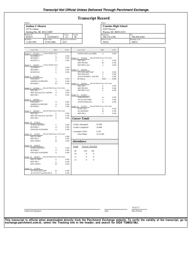 Transcript Not Official Unless Delivered Through Parchment Exchange ...