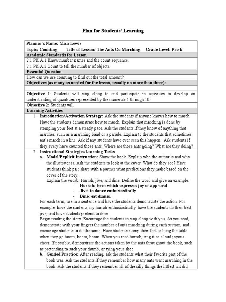 The Ants Go Marching Lesson Plan | PDF | Educational Psychology ...