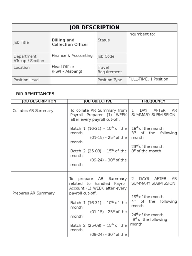Billing and Collection Officer Job Description | PDF | Computing And ...
