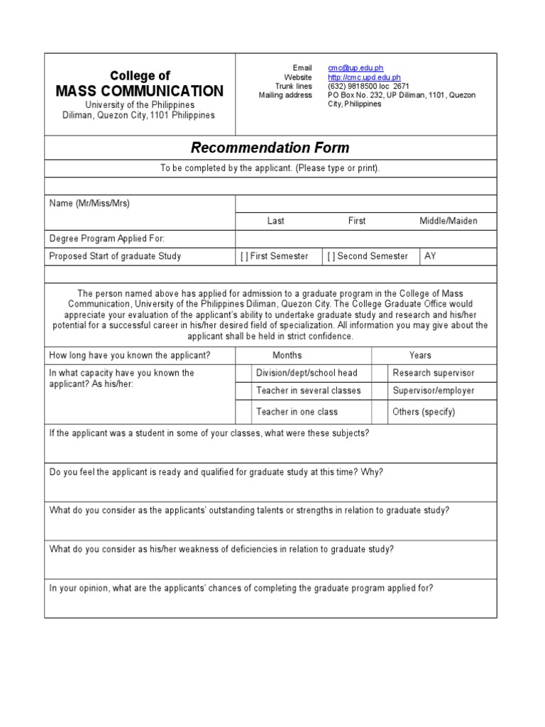 Recommendation Form - UPD | PDF | Graduate School | Discipline (Academia)