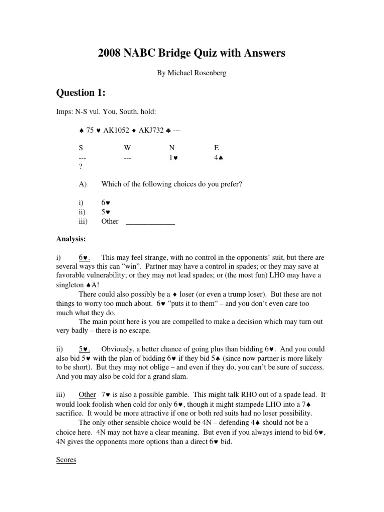 Bridge Quiz and Answers-1 | PDF | Contract Bridge | French Deck Card Games