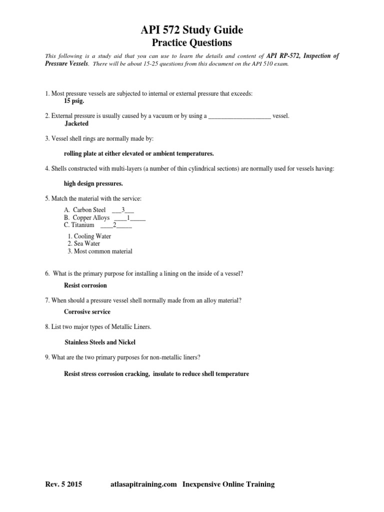 API 572 Study Guide: Practice Questions | PDF | Corrosion | Fatigue (Material)