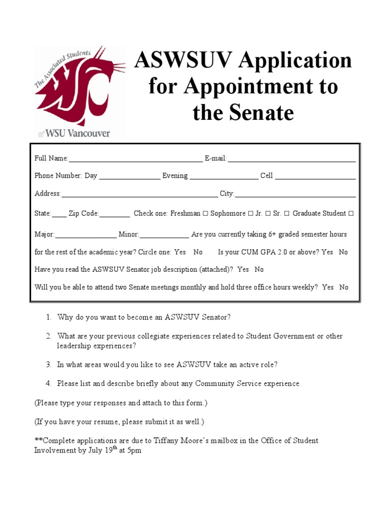 Senate Application | PDF | Academic Term | United States Senate