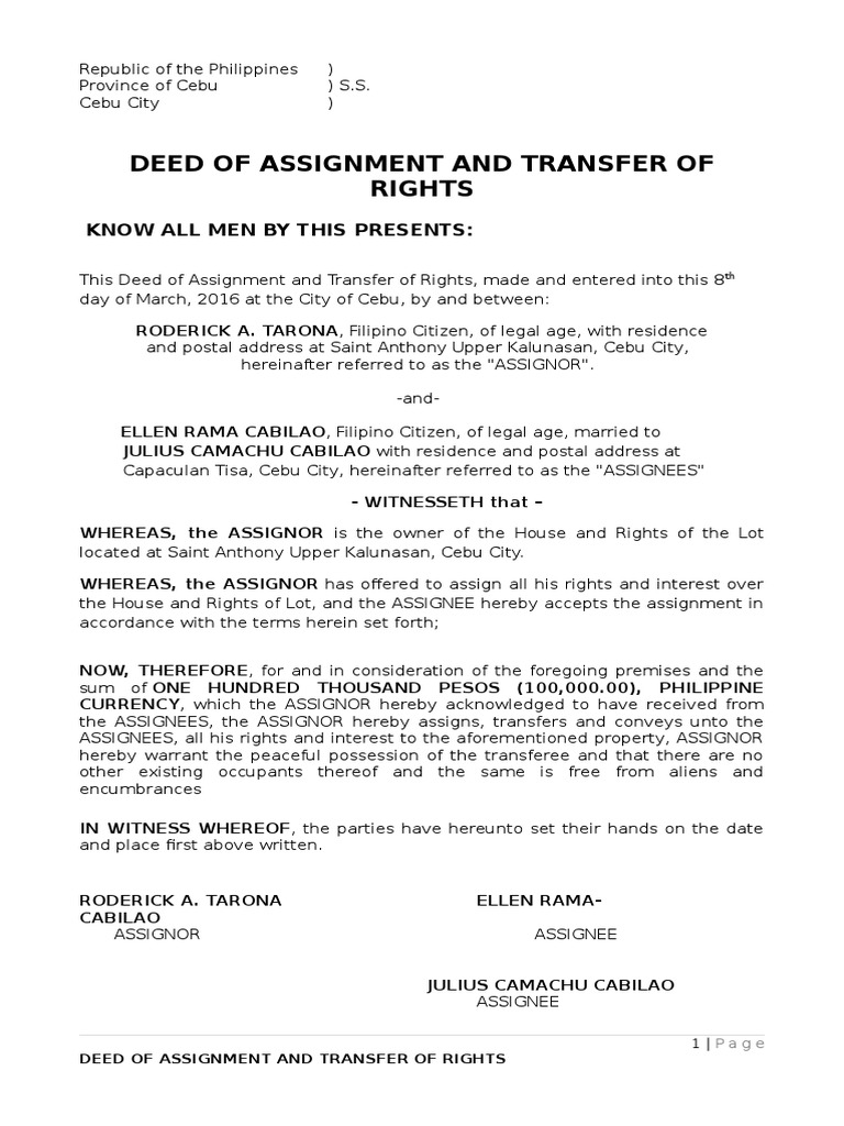 Deed of Assignment and Transfer of Rights | PDF | Assignment (Law ...