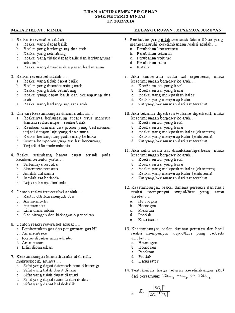 Soal Ujian Semester Genap Kimia Kls Xi (Multiple Choice) | PDF