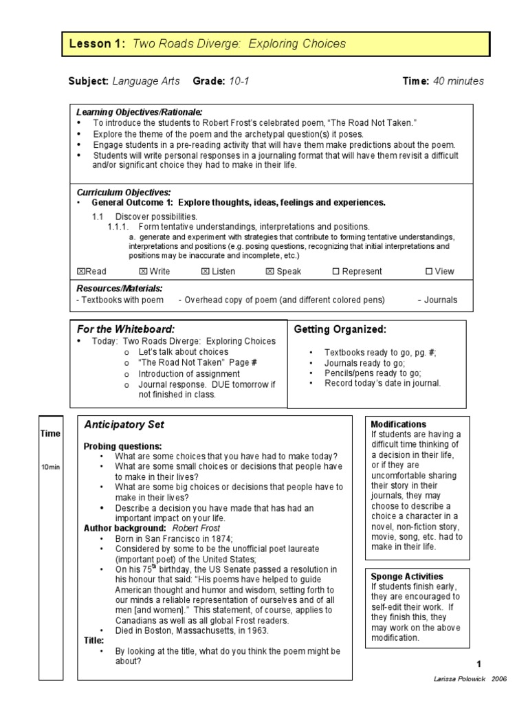 Exploring Choices in "The Road Not Taken" | PDF | Curriculum ...