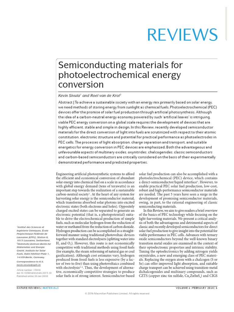 Semiconducting Materials For Photoelectrochemical Energy Conversion | PDF | Semiconductors ...