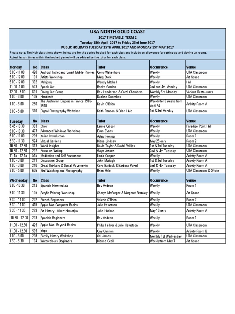 Term 2 Timetable 2017 | PDF