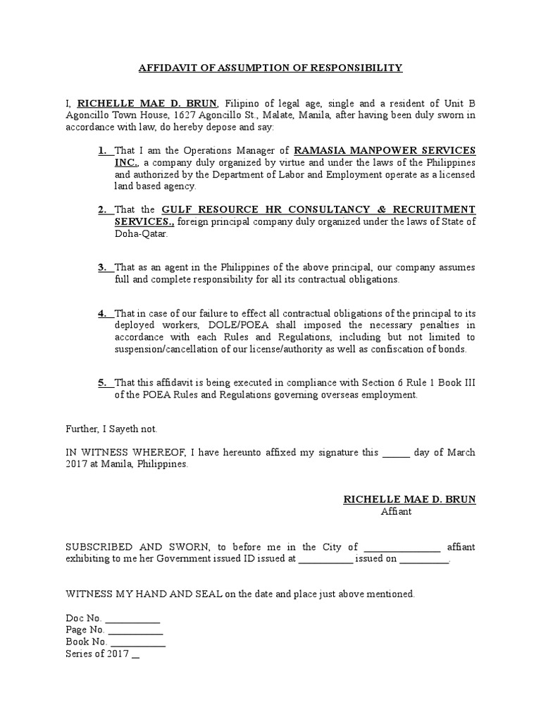 Affidavit of Assumption of Responsibility | PDF