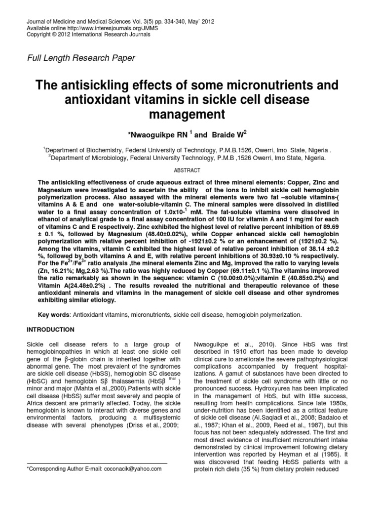 The Antisickling Effects of Some Micronutrients and Antioxidant Vitamins in Sickle Cell Disease ...