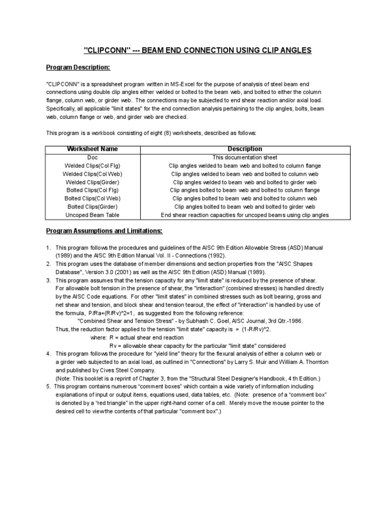 Beam End Connection Using Clip Angles Per AISC 9th Edition (ASD) | PDF ...