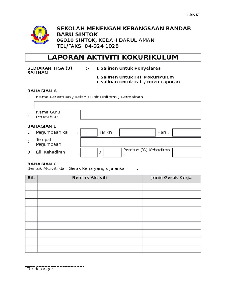 Borang Laporan Aktiviti Kokurikulum Mingguan | PDF