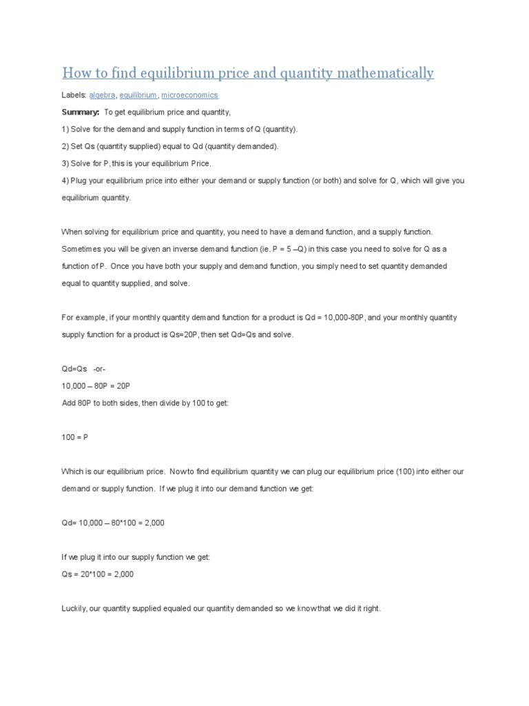 How To Find Equilibrium Price and Quantity Mathematically | PDF ...