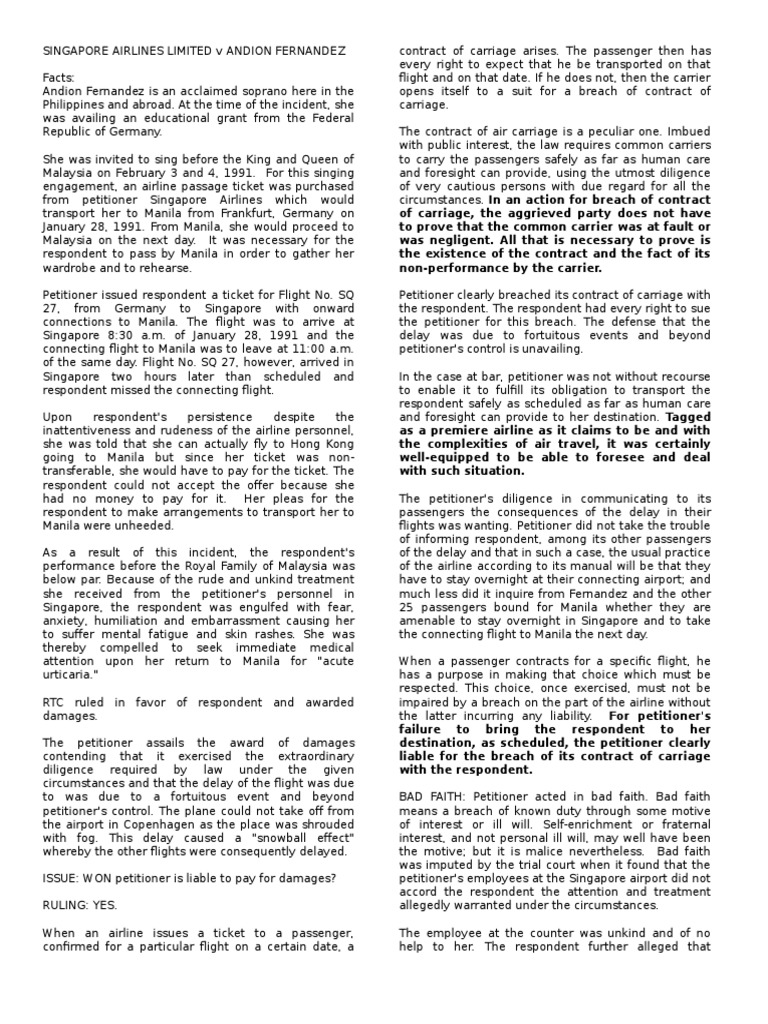 Singapore Airlines v. Andion Fernandez | PDF | Airlines | Damages