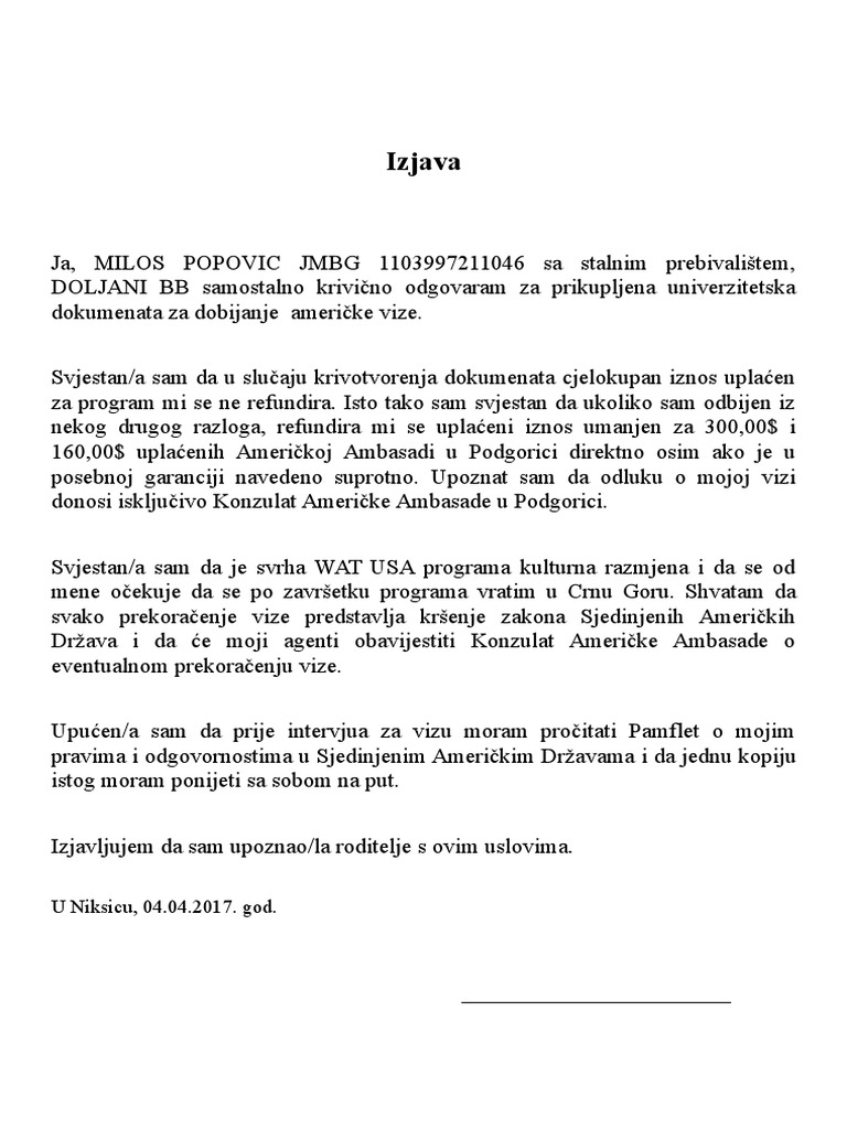 Izjava Studenta Pred Ambasadu Primjer 2017 | PDF