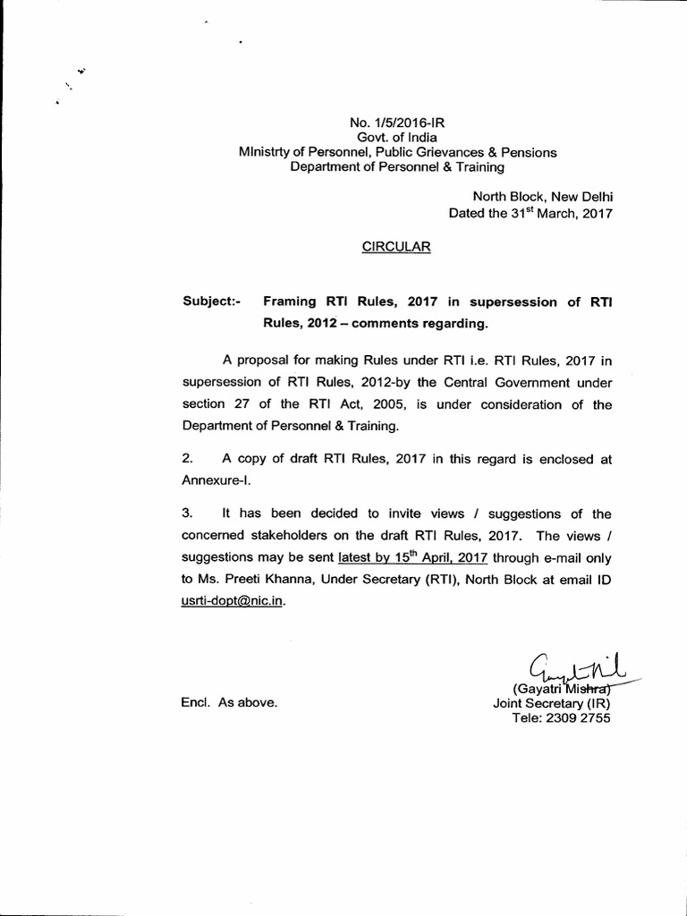 Rti Rules 2017 Draft Dopt Circular 1-5-2016 IR 31032017 | Download Free PDF | Service Of Process ...