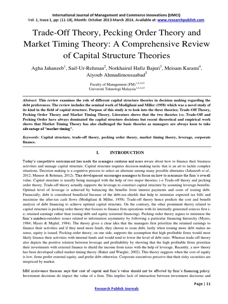 Trade-Off Theory, Pecking Order Theory and Market Timing Theory A Comprehensive Review of ...