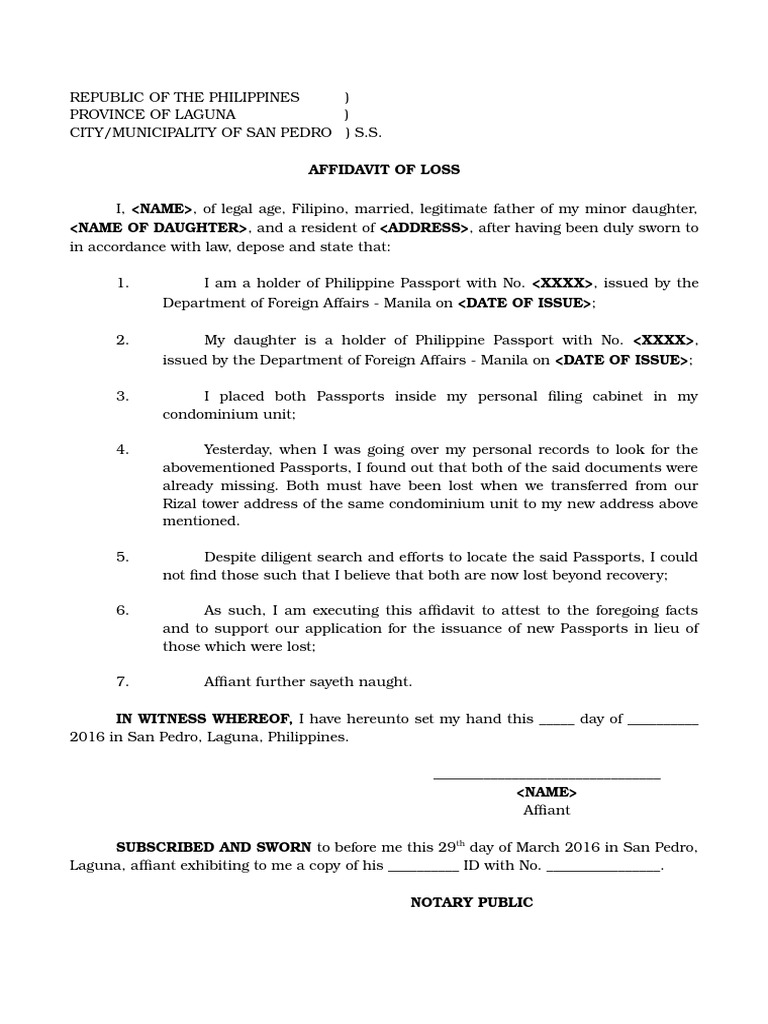 Affidavit of Loss Passport Template v1.1 | PDF