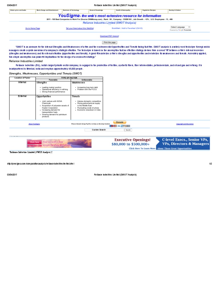 Reliance Industries Limited (SWOT Analysis) | Download Free PDF | Swot ...