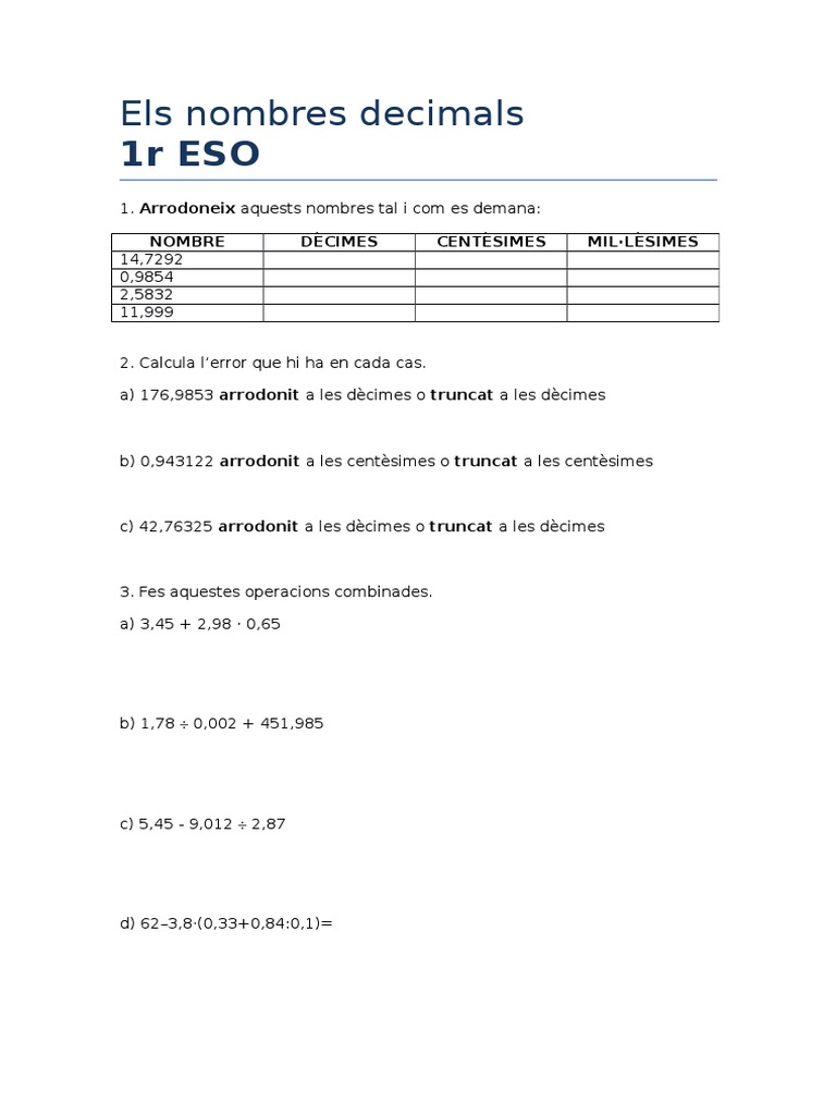 Els Nombres Decimals 1r ESO | PDF