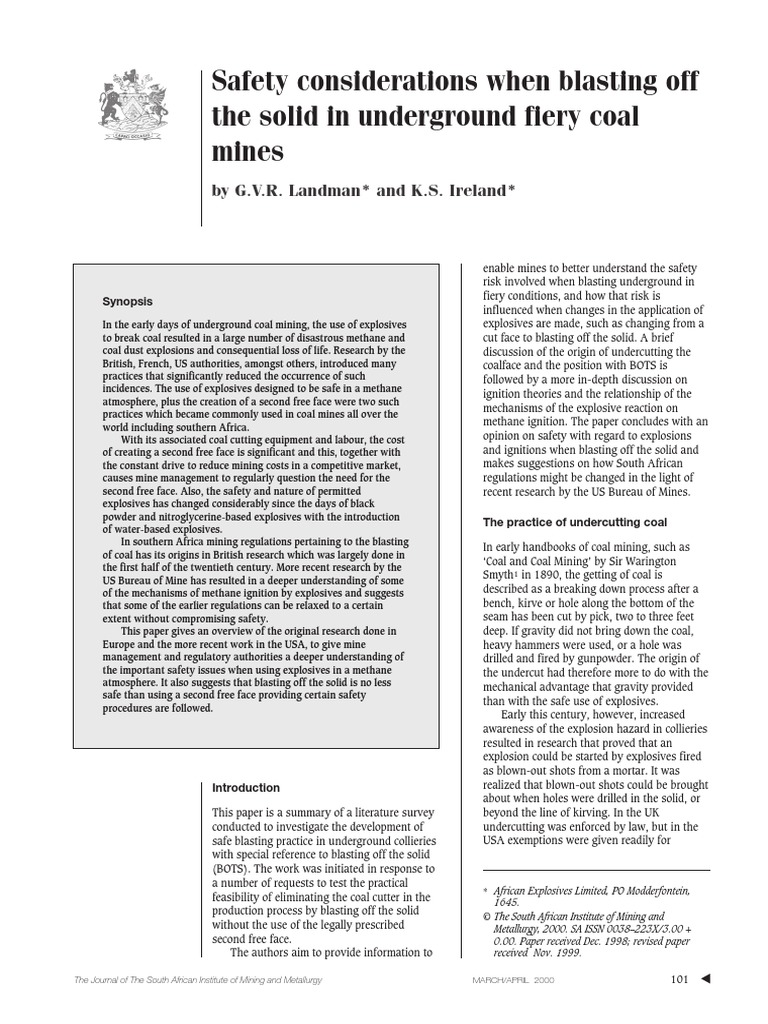 Safety Considerations When Blasting Off The Solid in Underground Fiery Coal Mines | PDF ...