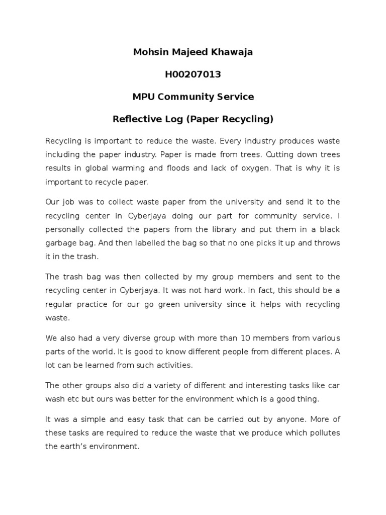Mohsin Majeed Khawaja H00207013 MPU Community Service Reflective Log ...