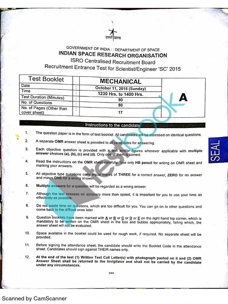 ISRO Previous Paper 2015 | PDF