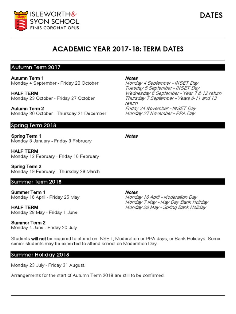 Academic Year 2017-18 Dates | PDF