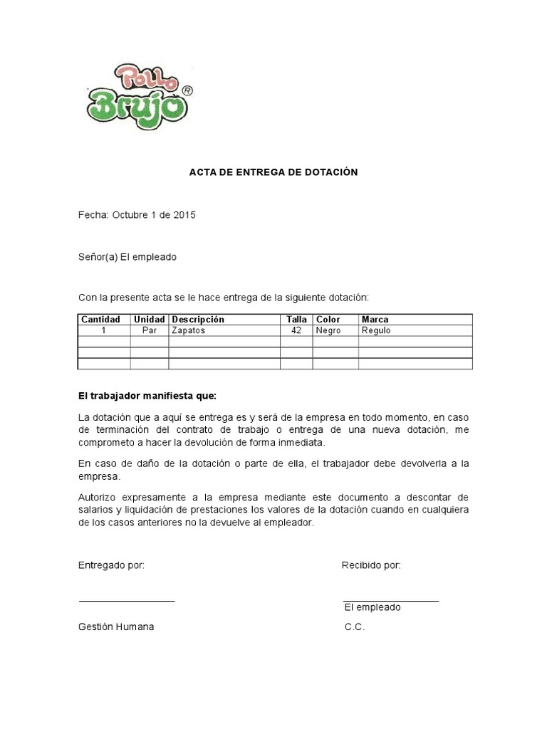 Formato Acta De Entrega De Uniformes