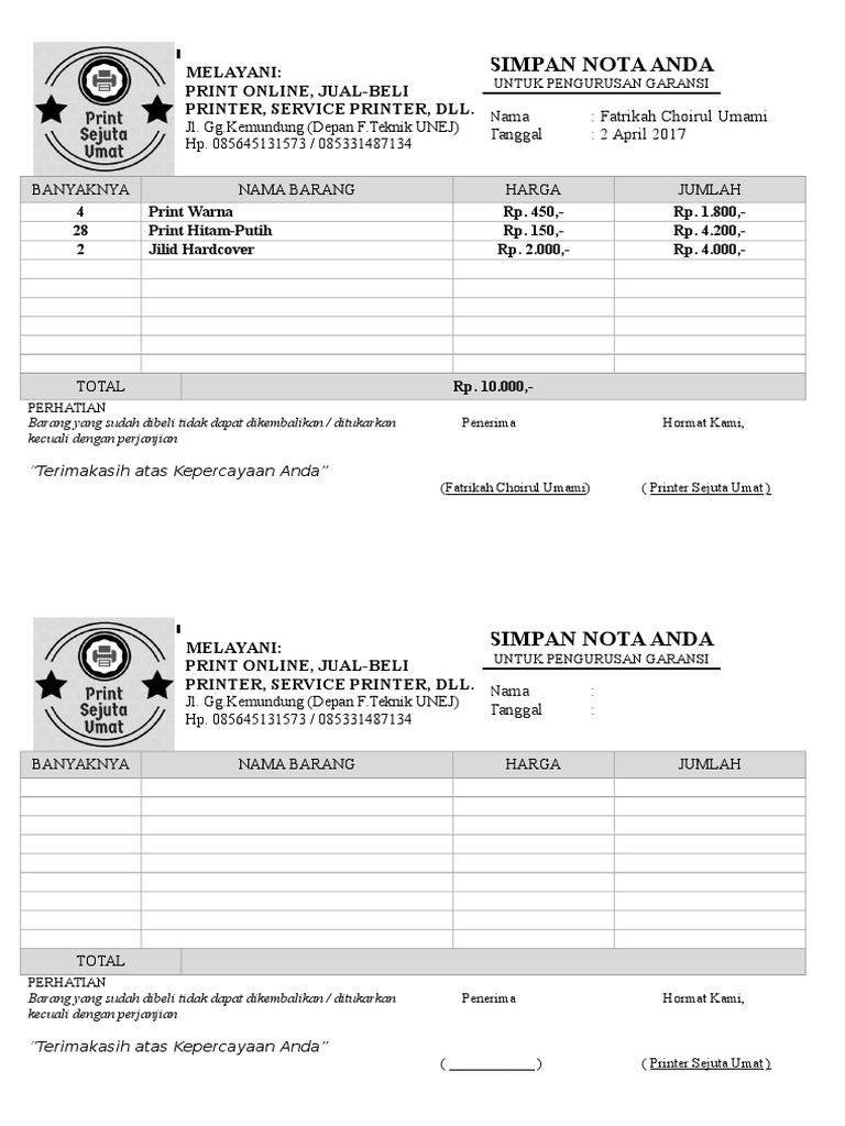 Nota Printer Sejuta Umat (Repaired) | PDF