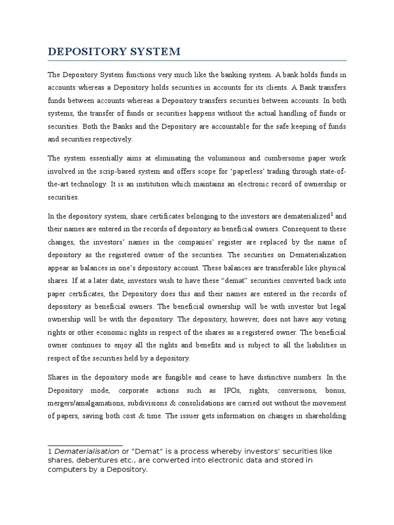 Depository System | PDF | Securities (Finance) | Equity Securities