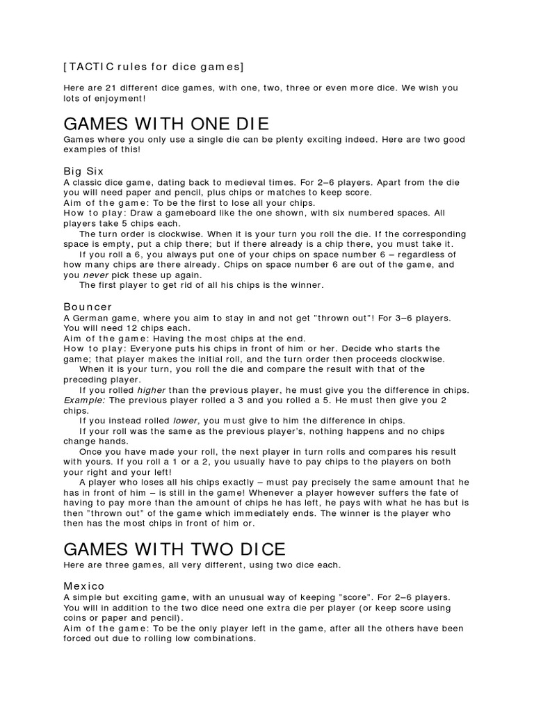 Dice Games Pdf Pdf Dice Games Of Chance