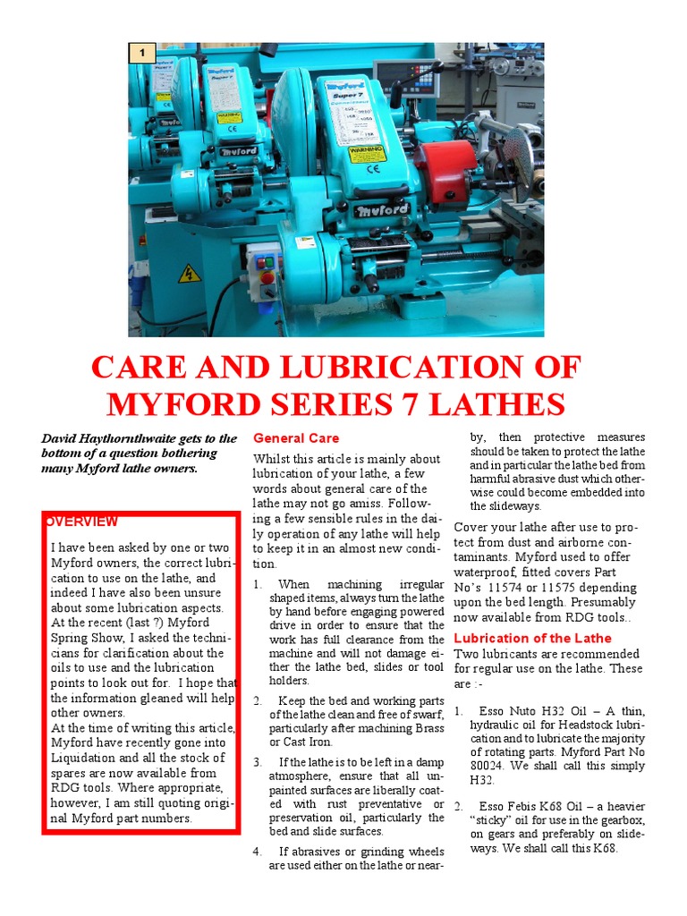 Myford ML7 Lubrication Chart | PDF | Bearing (Mechanical) | Gear