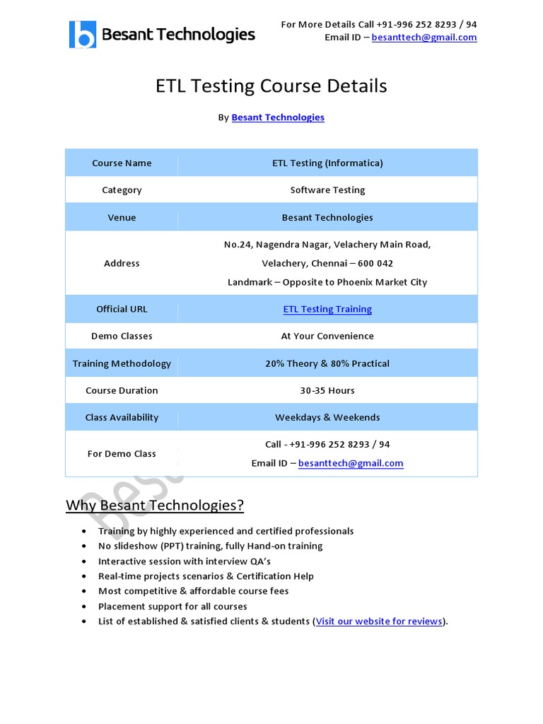 ETL Testing Besant Technologies Course Syllabus Download Free PDF