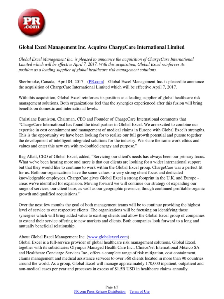Global Excel Management Inc. Acquires ChargeCare International Limited ...